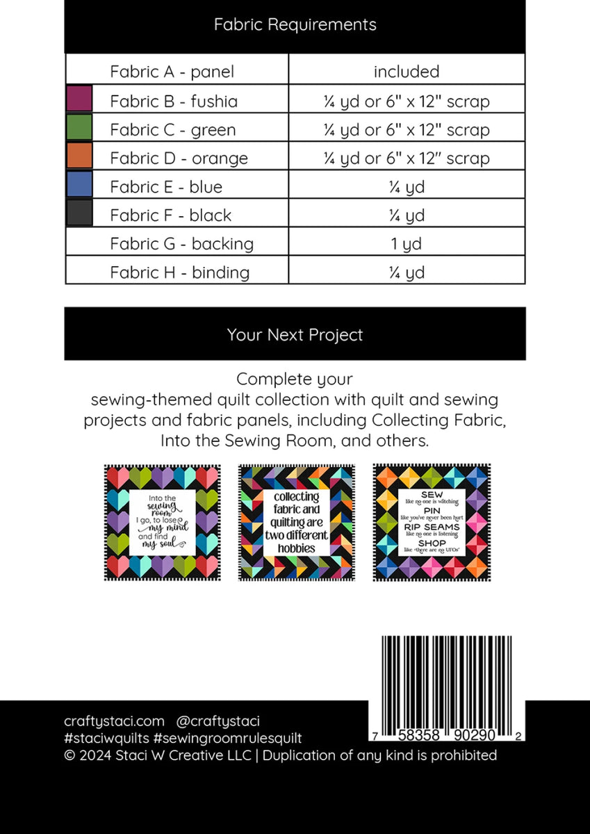 Kit - Sewing Room Rules Quilt Pattern & Mini Panel - SWQ123 – The ...